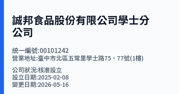 誠邦食品股份有限公司學士分公司的照片-統編 00101242(臺中市) 公司登記資料與營業項目詳細圖表