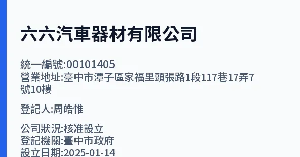 六六汽車器材有限公司的照片-統編 00101405(臺中市) 公司登記資料與營業項目詳細圖表