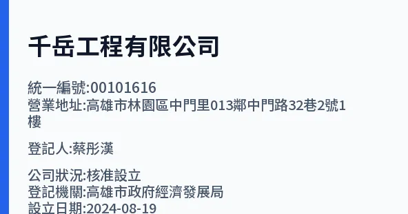 千岳工程有限公司的照片-統編 00101616(高雄市) 公司登記資料與營業項目詳細圖表
