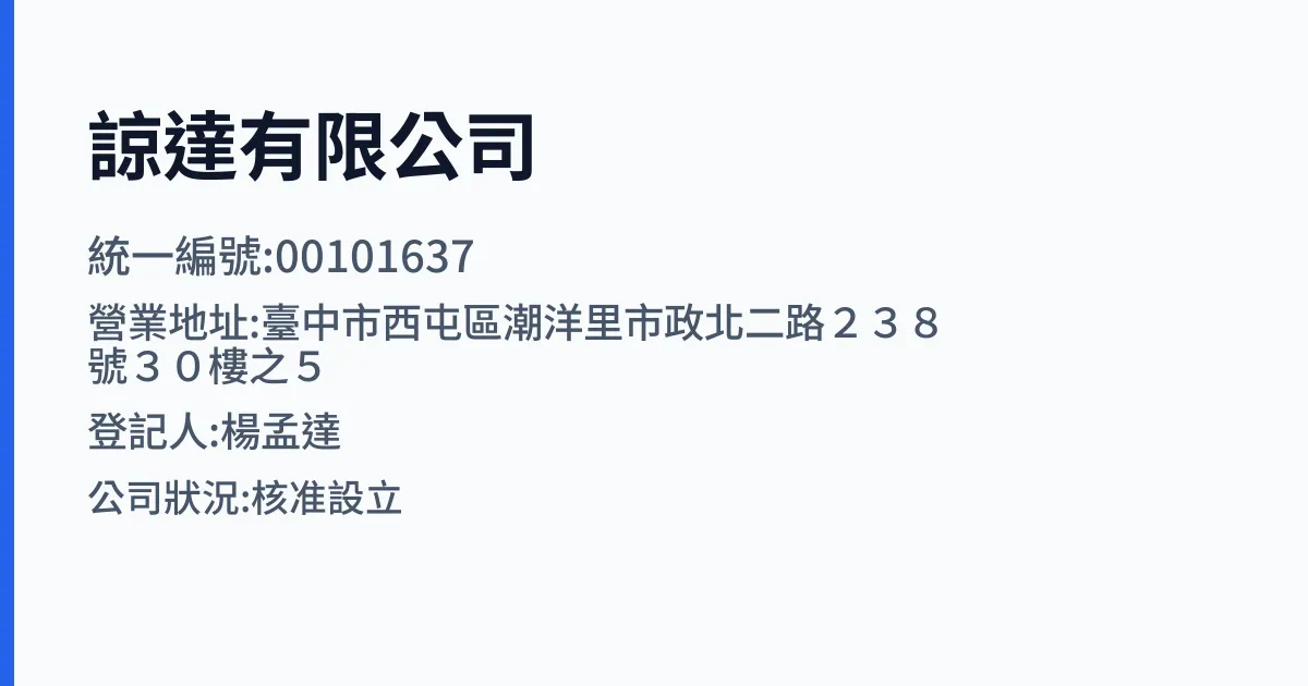 諒達有限公司 - 統編 00101637(臺中市) 公司登記資料與營業項目詳細圖表