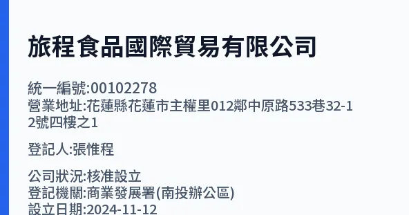 旅程食品國際貿易有限公司的照片-統編 00102278(花蓮縣) 公司登記資料與營業項目詳細圖表