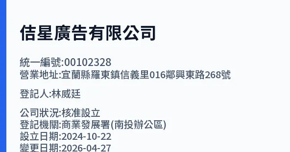 佶星廣告有限公司的照片-統編 00102328(宜蘭縣) 公司登記資料與營業項目詳細圖表