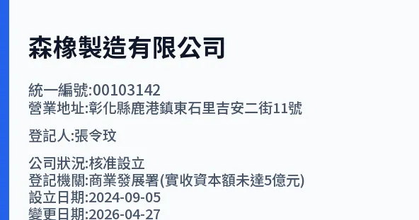 森橡製造有限公司的照片-統編 00103142(彰化縣) 公司登記資料與營業項目詳細圖表