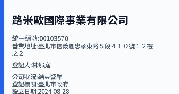 路米歐國際事業有限公司的照片-統編 00103570(臺北市) 公司登記資料與營業項目詳細圖表