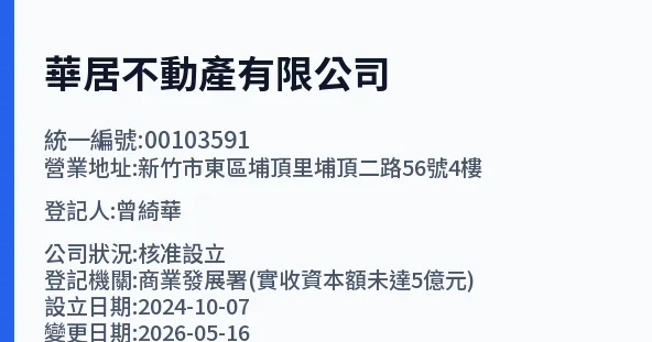 華居不動產有限公司的照片-統編 00103591(新竹市) 公司登記資料與營業項目詳細圖表