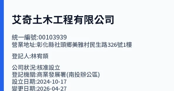 艾奇土木工程有限公司的照片-統編 00103939(彰化縣) 公司登記資料與營業項目詳細圖表