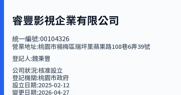 睿豐影視企業有限公司的照片-統編 00104326(桃園市) 公司登記資料與營業項目詳細圖表