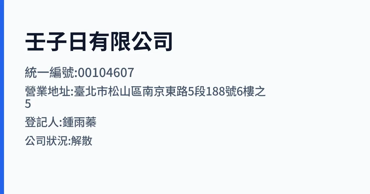 壬子日有限公司 - 統編 00104607(臺北市) 公司登記資料與營業項目詳細圖表
