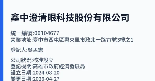 鑫中澄清眼科技股份有限公司的照片-統編 00104677(臺中市) 公司登記資料與營業項目詳細圖表