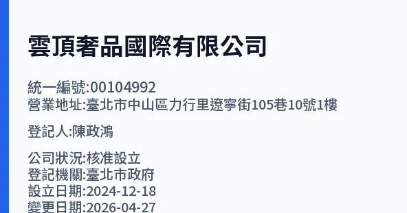 雲頂奢品國際有限公司的照片-統編 00104992(臺北市) 公司登記資料與營業項目詳細圖表