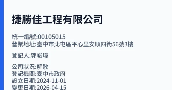 捷勝佳工程有限公司的照片-統編 00105015(臺中市) 公司登記資料與營業項目詳細圖表