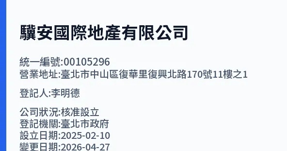 驥安國際地產有限公司的照片-統編 00105296(臺北市) 公司登記資料與營業項目詳細圖表