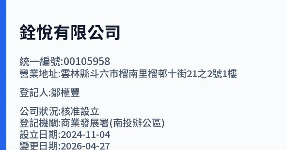 銓悅有限公司的照片-統編 00105958(雲林縣) 公司登記資料與營業項目詳細圖表