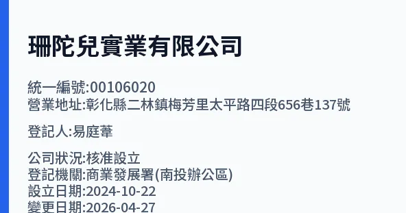 珊陀兒實業有限公司的照片-統編 00106020(彰化縣) 公司登記資料與營業項目詳細圖表