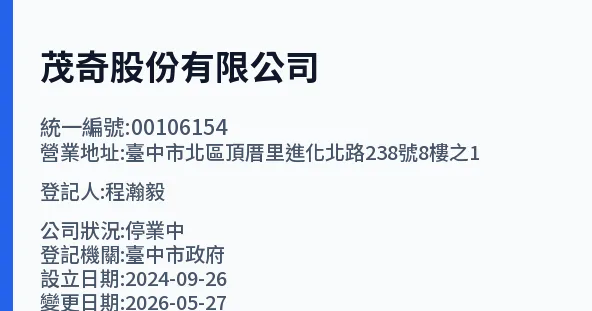 茂奇股份有限公司的照片-統編 00106154(臺中市) 公司登記資料與營業項目詳細圖表