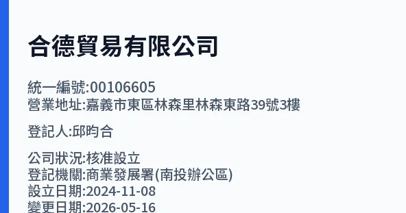 合德貿易有限公司的照片-統編 00106605(嘉義市) 公司登記資料與營業項目詳細圖表