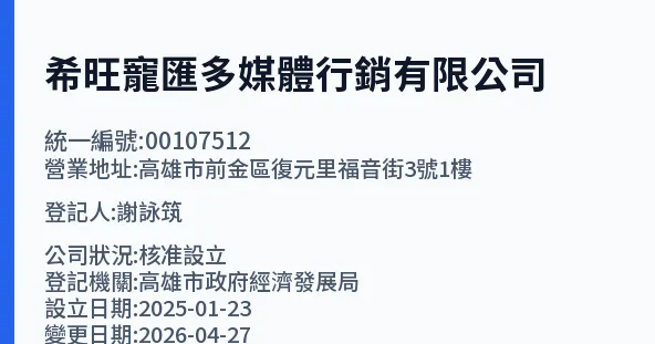 希旺寵匯多媒體行銷有限公司的照片-統編 00107512(高雄市) 公司登記資料與營業項目詳細圖表