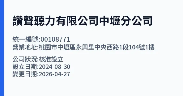 讚聲聽力有限公司中壢分公司的照片-統編 00108771(桃園市) 公司登記資料與營業項目詳細圖表