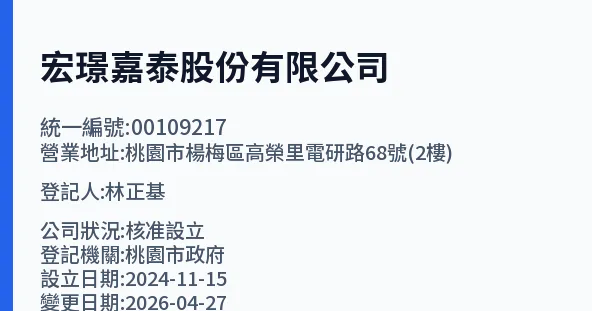 宏璟嘉泰股份有限公司的照片-統編 00109217(桃園市) 公司登記資料與營業項目詳細圖表