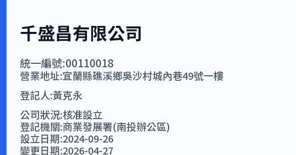 千盛昌有限公司的照片-統編 00110018(宜蘭縣) 公司登記資料與營業項目詳細圖表