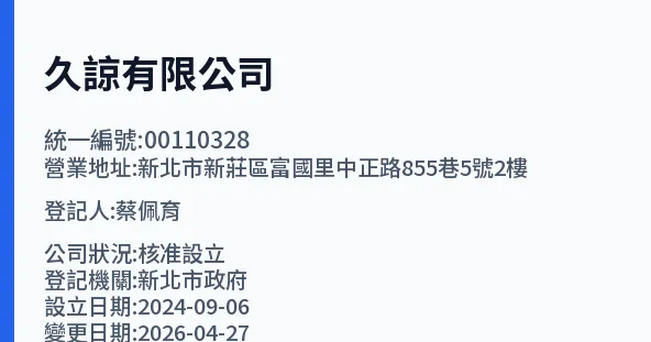久諒有限公司的照片-統編 00110328(新北市) 公司登記資料與營業項目詳細圖表