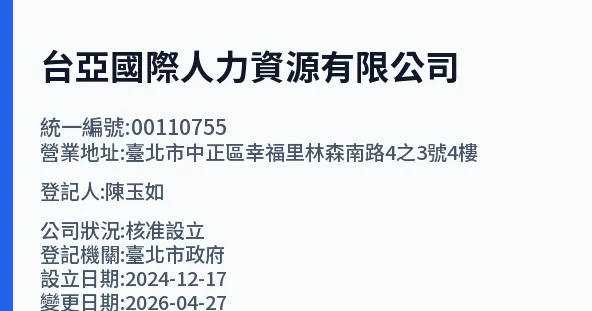 台亞國際人力資源有限公司的照片-統編 00110755(臺北市) 公司登記資料與營業項目詳細圖表