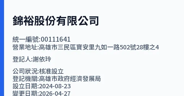 錦裕股份有限公司的照片-統編 00111641(高雄市) 公司登記資料與營業項目詳細圖表
