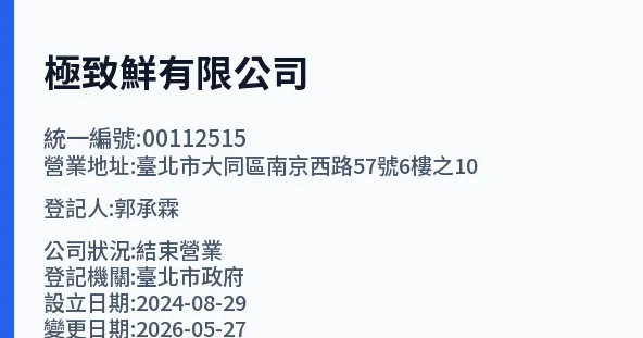 極致鮮有限公司的照片-統編 00112515(臺北市) 公司登記資料與營業項目詳細圖表