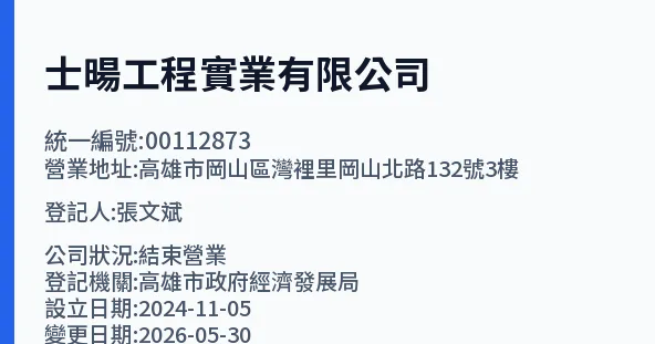 士暘工程實業有限公司的照片-統編 00112873(高雄市) 公司登記資料與營業項目詳細圖表