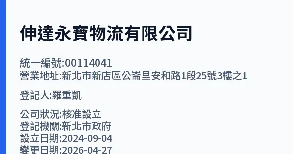 伸達永寶物流有限公司的照片-統編 00114041(新北市) 公司登記資料與營業項目詳細圖表