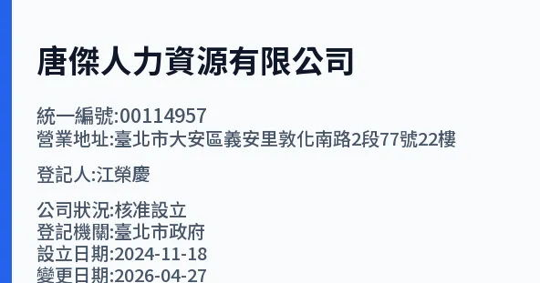 唐傑人力資源有限公司的照片-統編 00114957(臺北市) 公司登記資料與營業項目詳細圖表