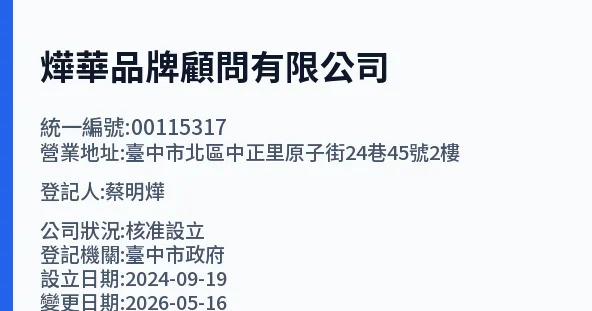 燁華品牌顧問有限公司的照片-統編 00115317(臺中市) 公司登記資料與營業項目詳細圖表