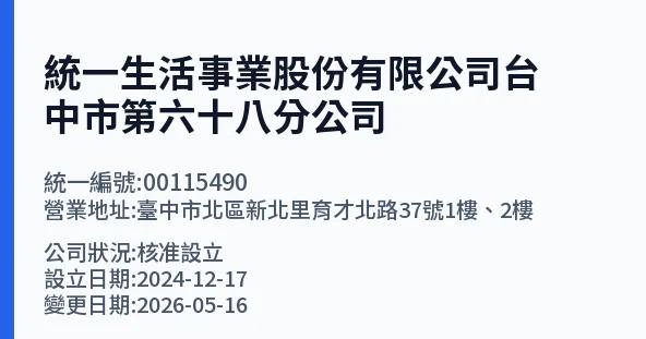 統一生活事業股份有限公司台中市第六十八分公司的照片-統編 00115490(臺中市) 公司登記資料與營業項目詳細圖表