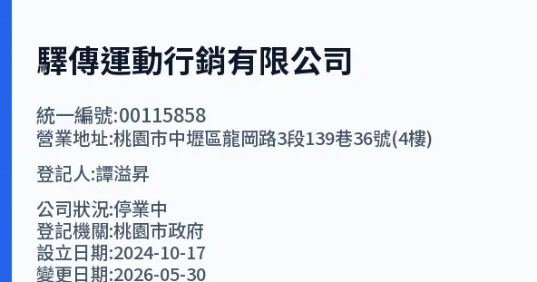 驛傳運動行銷有限公司的照片-統編 00115858(桃園市) 公司登記資料與營業項目詳細圖表