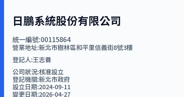 日鵬系統股份有限公司的照片-統編 00115864(新北市) 公司登記資料與營業項目詳細圖表