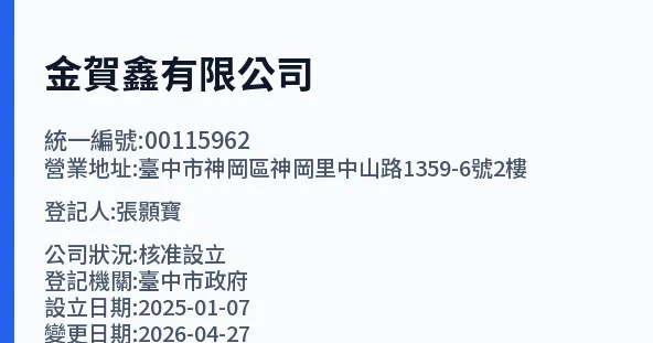 金賀鑫有限公司的照片-統編 00115962(臺中市) 公司登記資料與營業項目詳細圖表