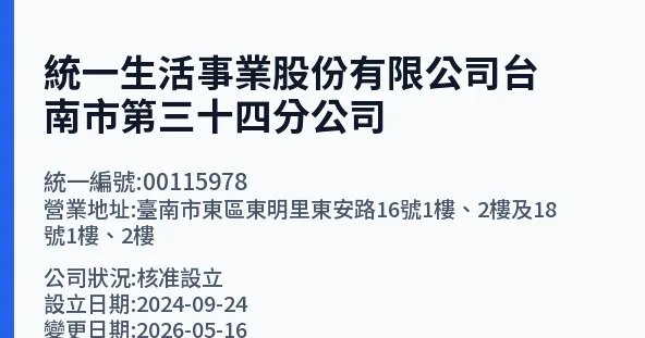 統一生活事業股份有限公司台南市第三十四分公司的照片-統編 00115978(臺南市) 公司登記資料與營業項目詳細圖表
