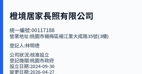 橙境居家長照有限公司的照片-統編 00117188(桃園市) 公司登記資料與營業項目詳細圖表
