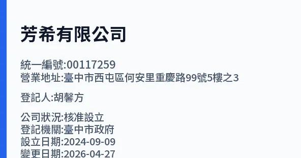 芳希有限公司的照片-統編 00117259(臺中市) 公司登記資料與營業項目詳細圖表
