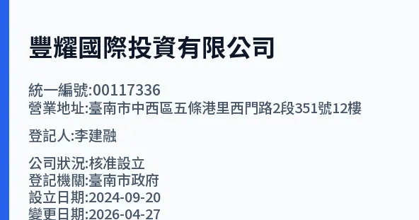 豐耀國際投資有限公司的照片-統編 00117336(臺南市) 公司登記資料與營業項目詳細圖表