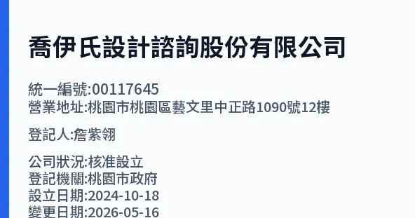 喬伊氏設計諮詢股份有限公司的照片-統編 00117645(桃園市) 公司登記資料與營業項目詳細圖表