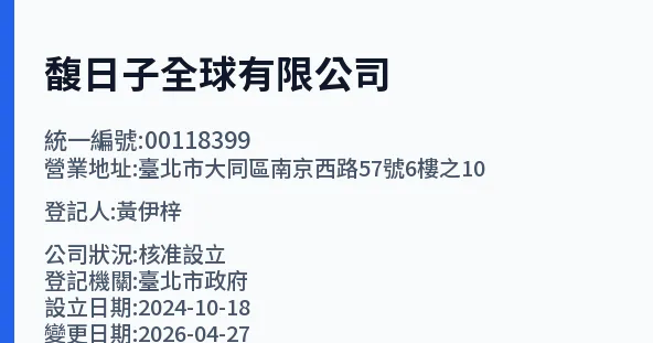 馥日子全球有限公司的照片-統編 00118399(臺北市) 公司登記資料與營業項目詳細圖表