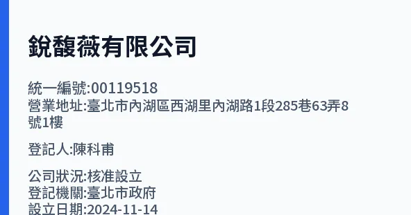 銳馥薇有限公司的照片-統編 00119518(臺北市) 公司登記資料與營業項目詳細圖表