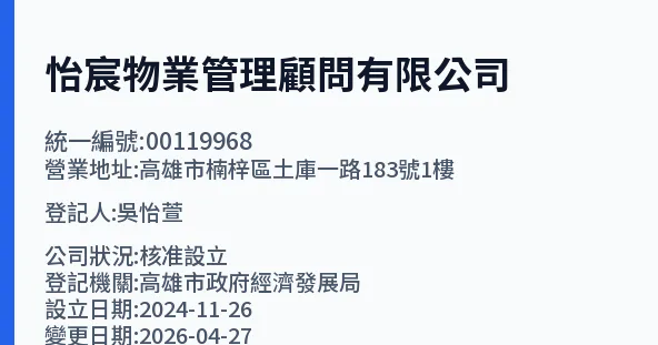 怡宸物業管理顧問有限公司的照片-統編 00119968(高雄市) 公司登記資料與營業項目詳細圖表