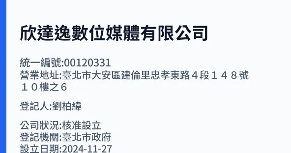欣達逸數位媒體有限公司的照片-統編 00120331(臺北市) 公司登記資料與營業項目詳細圖表