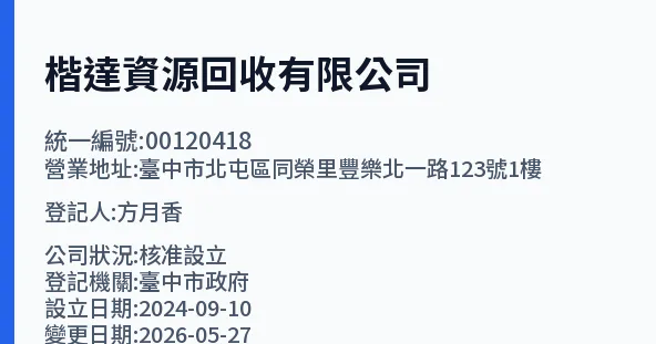 楷達資源回收有限公司的照片-統編 00120418(臺中市) 公司登記資料與營業項目詳細圖表