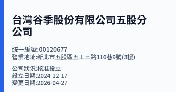 台灣谷季股份有限公司五股分公司的照片-統編 00120677(新北市) 公司登記資料與營業項目詳細圖表