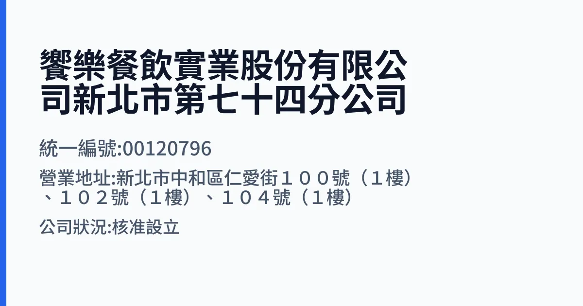 饗樂餐飲實業股份有限公司新北市第七十四分公司 - 統編 00120796(新北市) 公司登記資料與營業項目詳細圖表