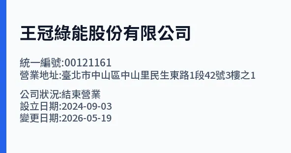 王冠綠能股份有限公司的照片-統編 00121161(臺北市) 公司登記資料與營業項目詳細圖表