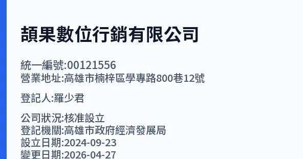 頡果數位行銷有限公司的照片-統編 00121556(高雄市) 公司登記資料與營業項目詳細圖表